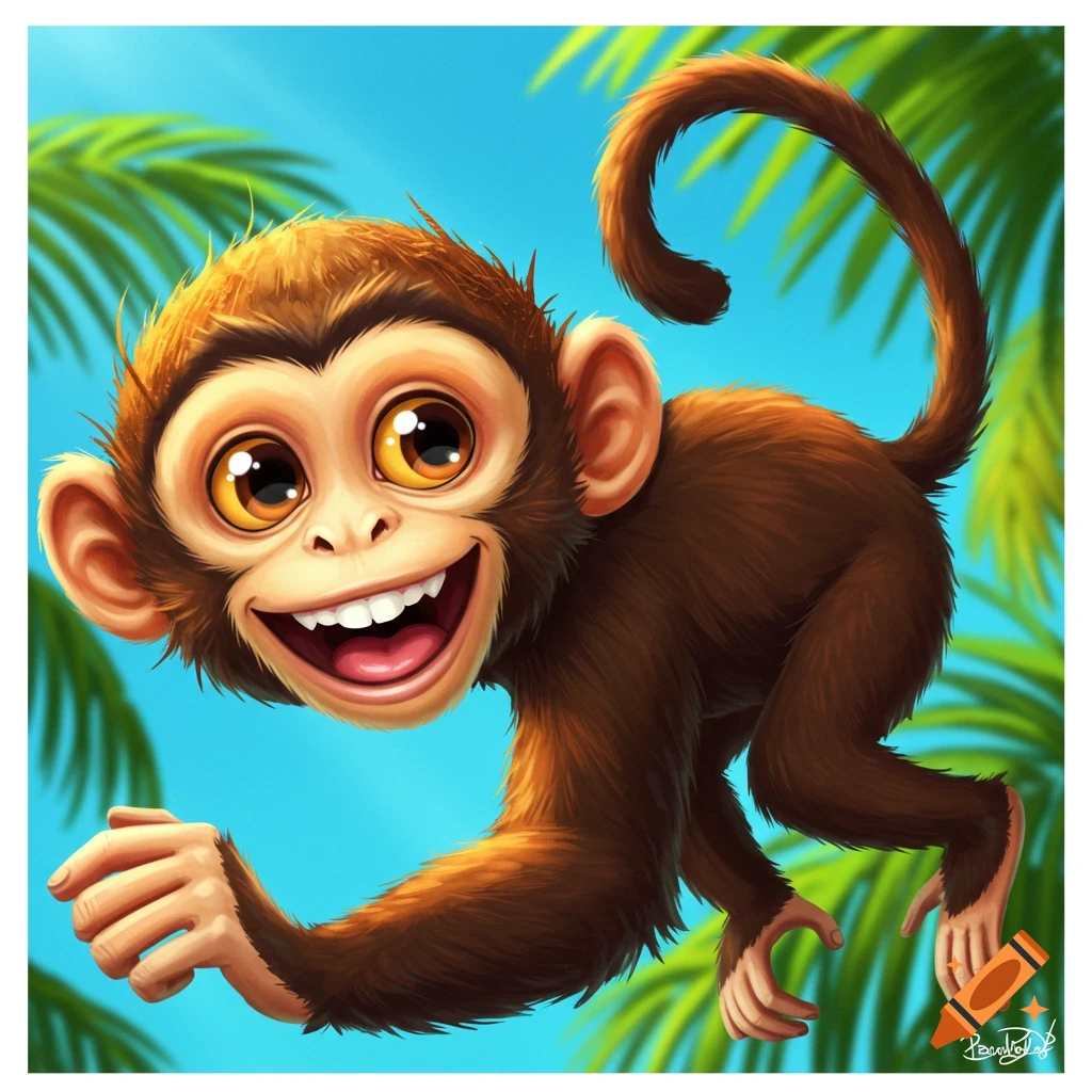 Cartoon monkey jumping with palm leaves against blue sky on Craiyon