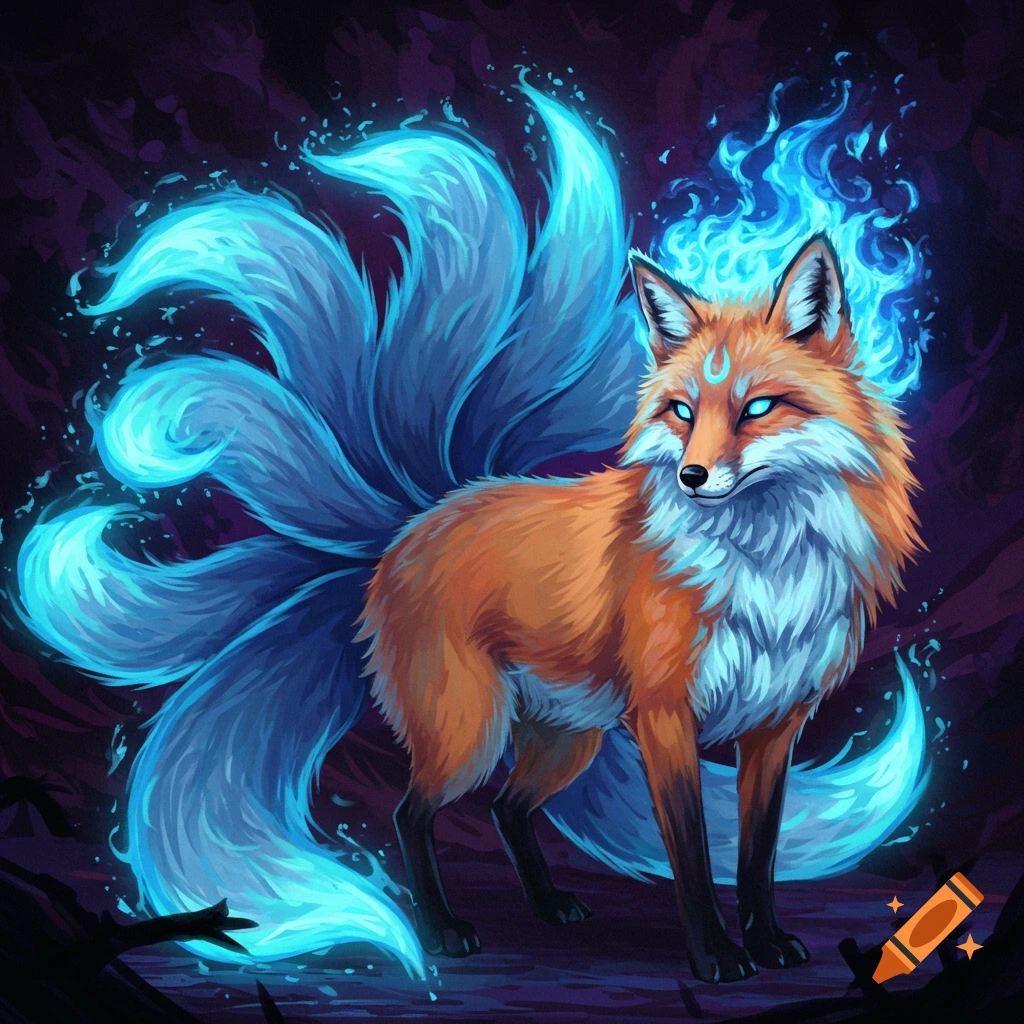Blue kitsune fox made of flames on Craiyon