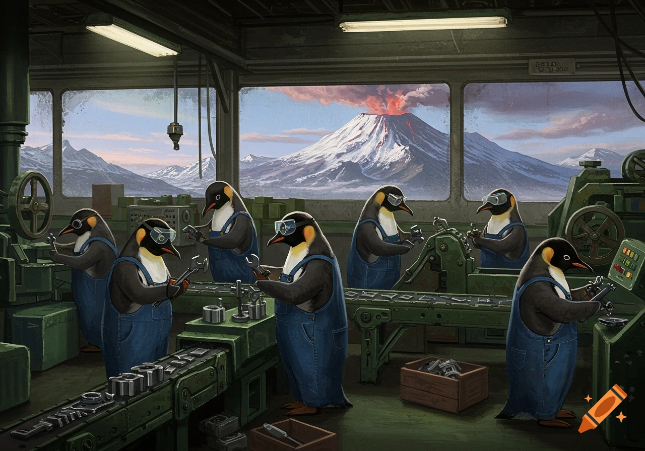 Penguins in overalls working on a factory assembly line with volcano ...