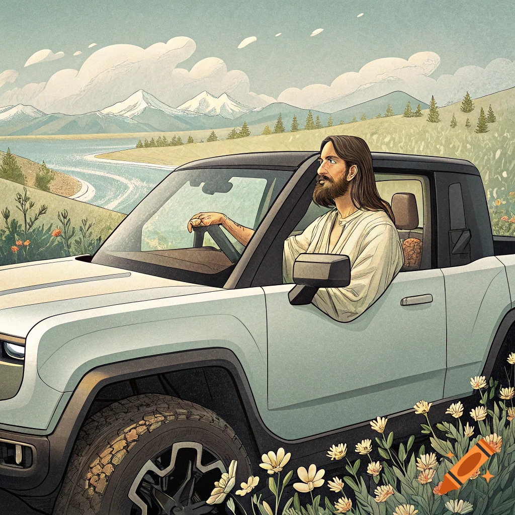 Jesus driving a white Rivian truck through a grassy field with ...