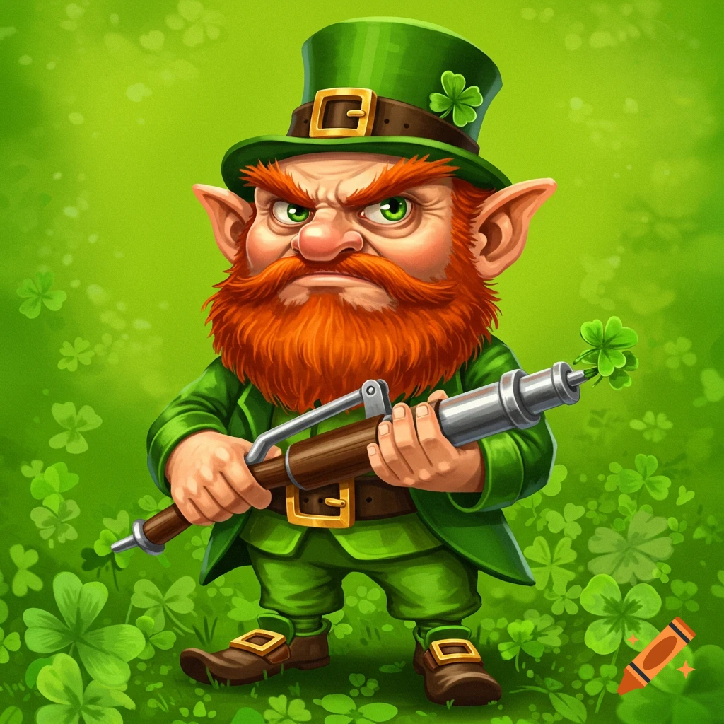 Grumpy leprechaun holding a tufting gun on Craiyon