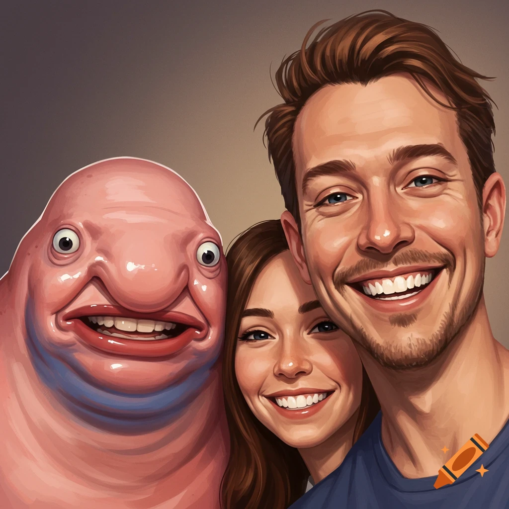 An illustration of a blob-like creature, a woman, and a man smiling and ...