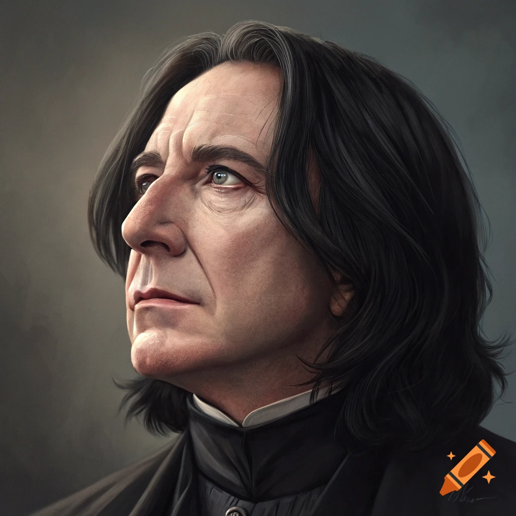 Severus Snape (Alan Rickman) looking into the distance with a faint ...