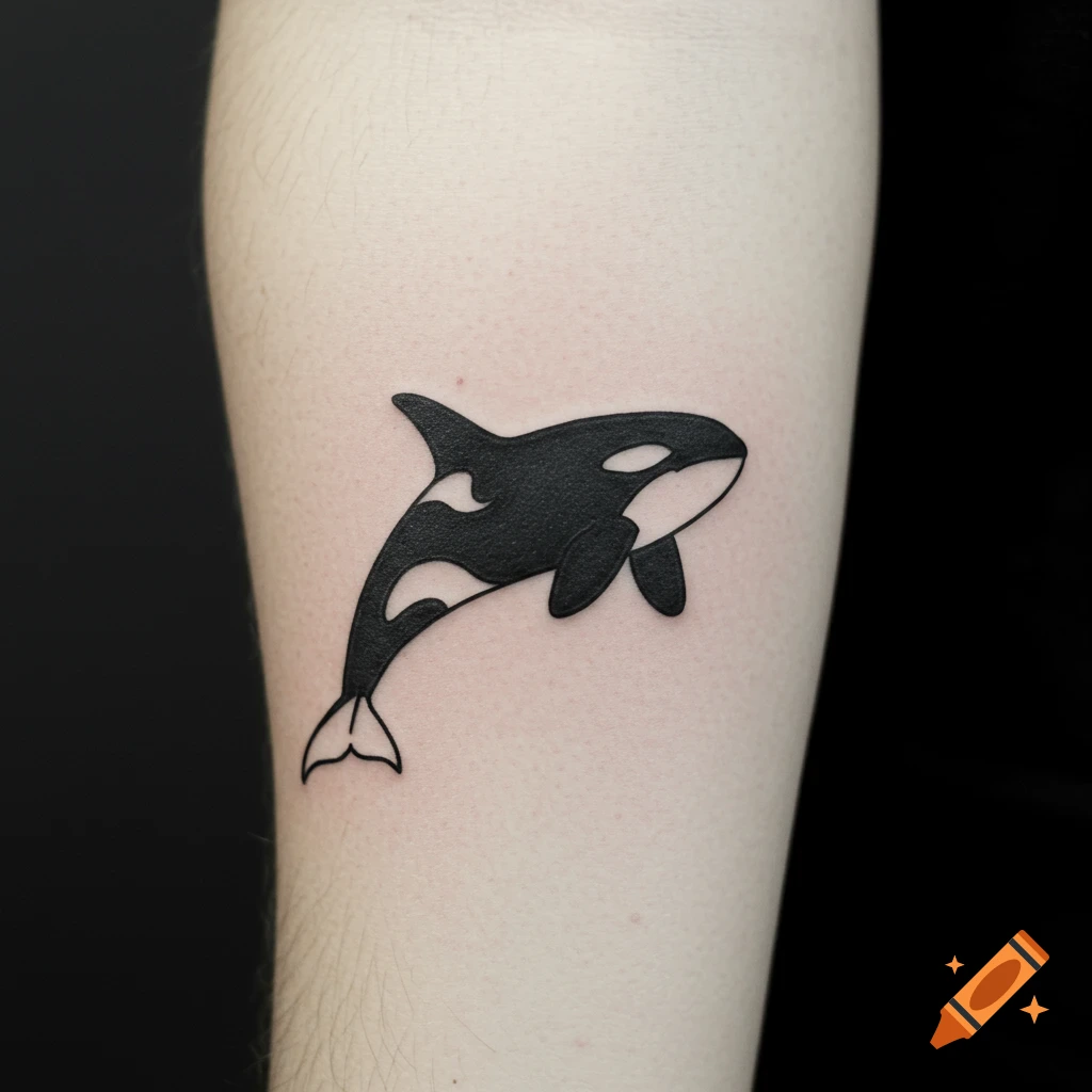 Black ink ankle tattoo of a small penguin surrounded by three manta ...