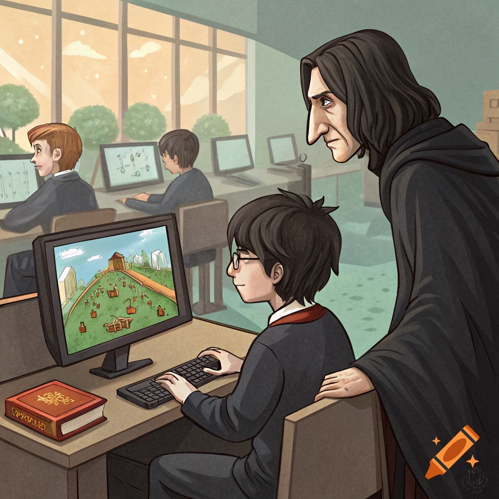 Snape watches Harry Potter play Minecraft on a computer in a classroom ...