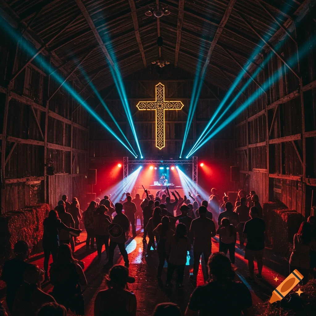 Christian EDM party in a barn with farm animals on Craiyon