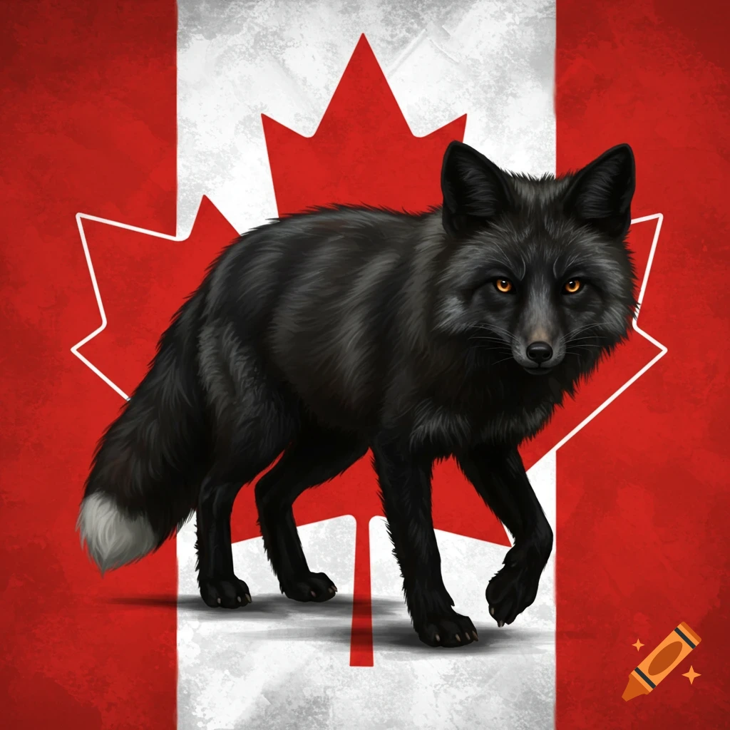 A black fox stands centered against a large Canadian flag backdrop in ...