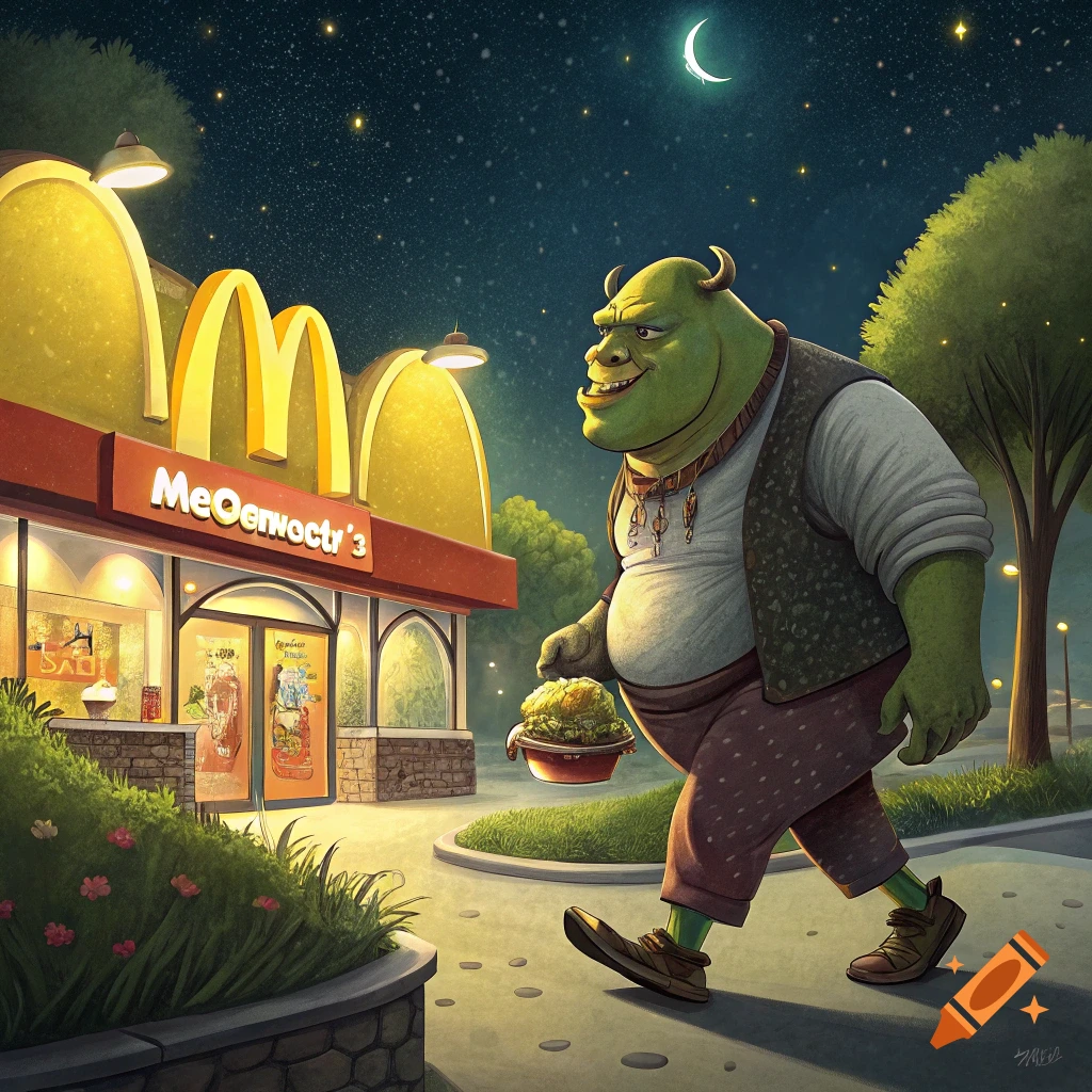Shrek enjoying a meal at McDonald's on Craiyon