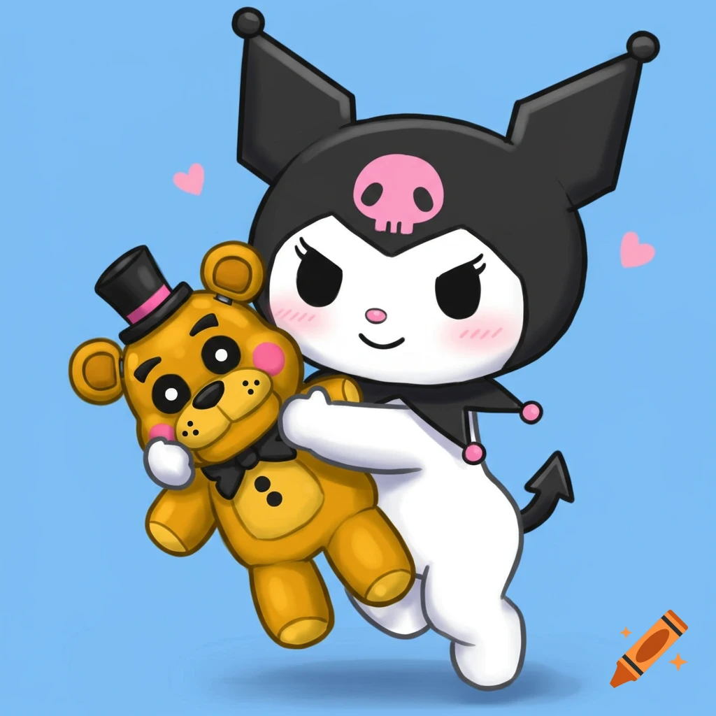 Cartoon illustration of Kuromi holding a Golden Freddy plush. on Craiyon