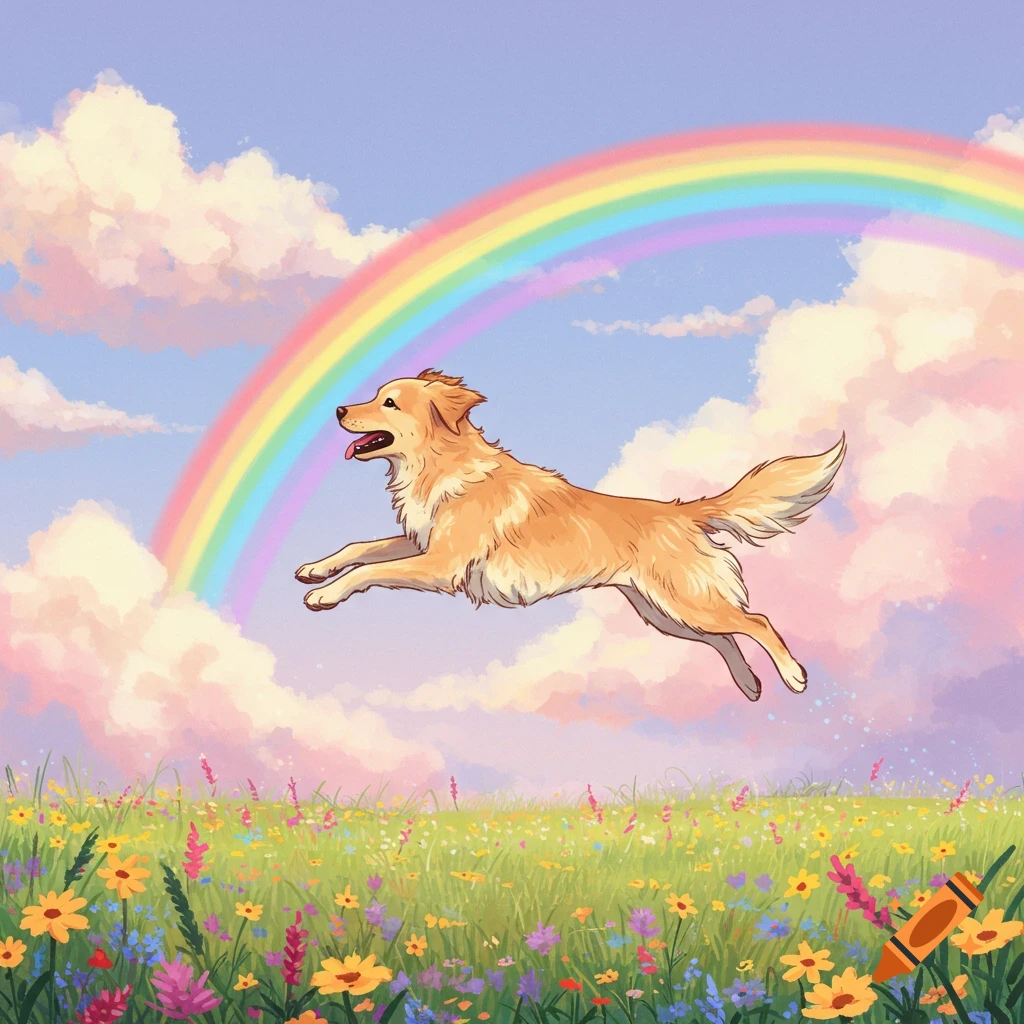 An illustration of a golden retriever dog leaping over a rainbow in a ...