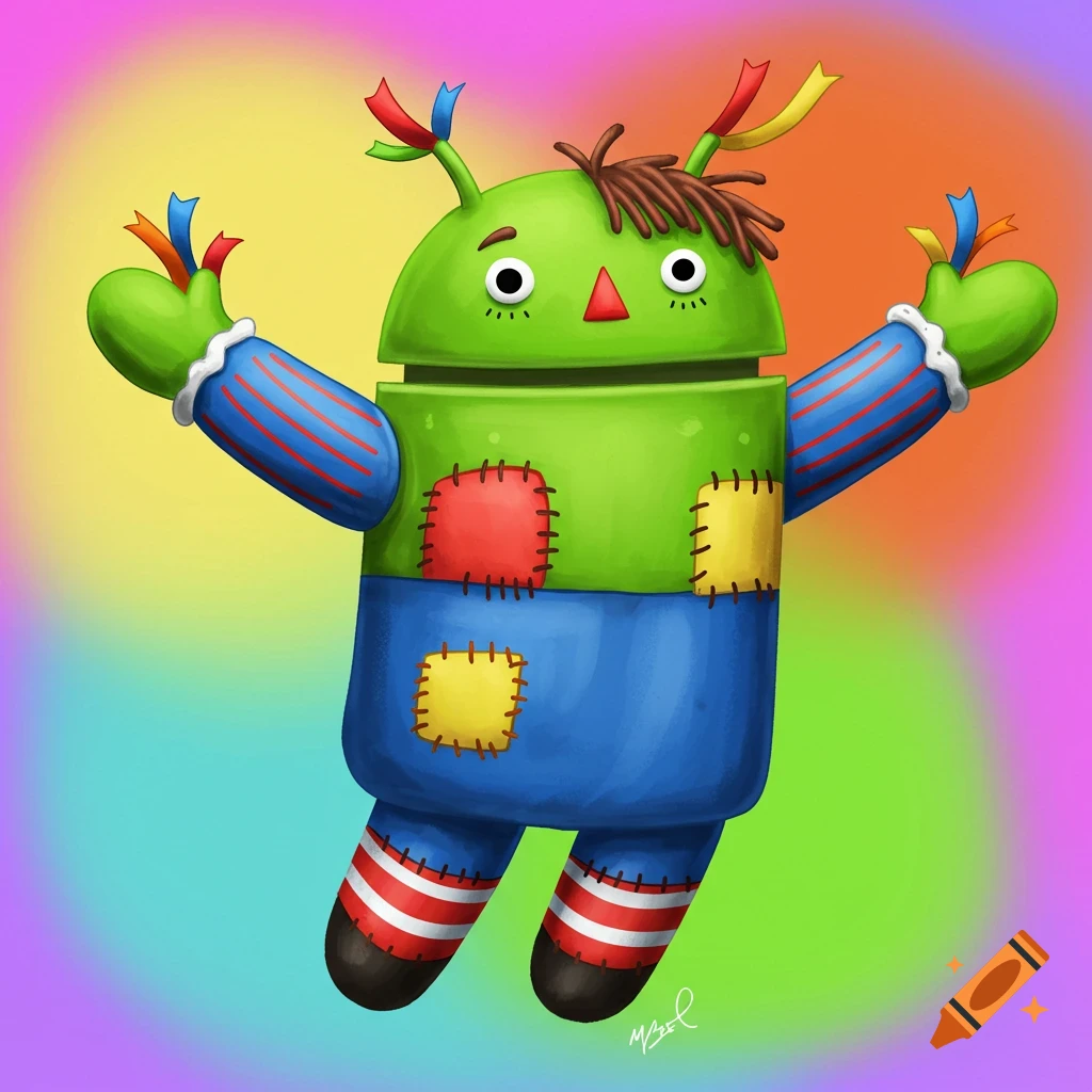 Cartoon illustration of the Android mascot dressed as Raggedy Andy ...