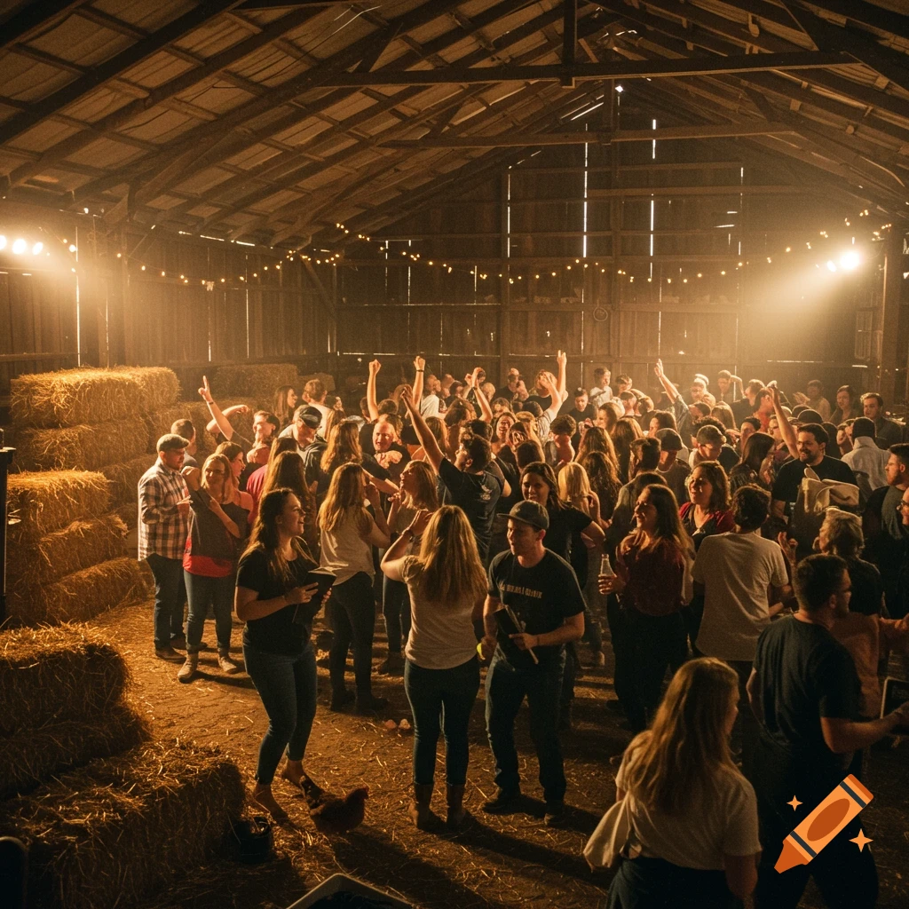 Christian EDM party in a barn with farm animals on Craiyon