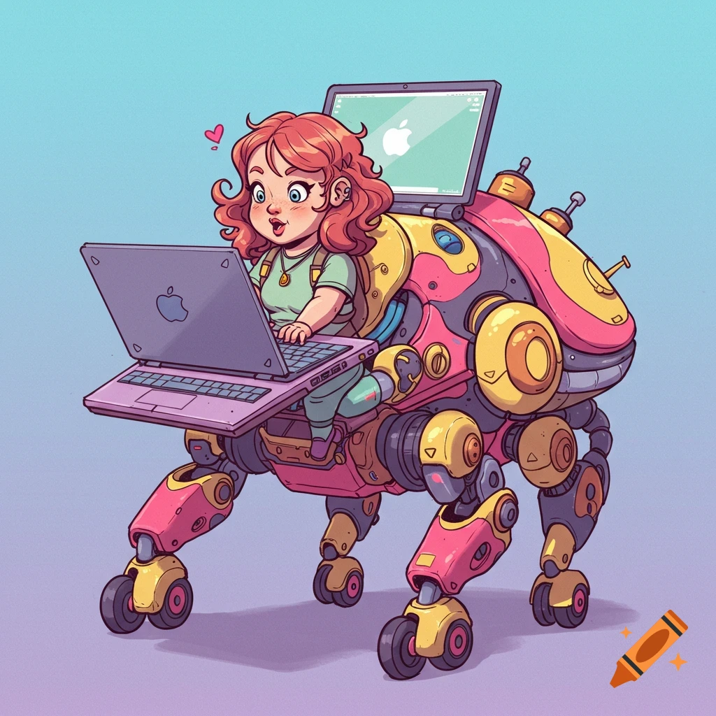 Cartoon girl riding a pink and yellow robot exoskeleton while typing on ...