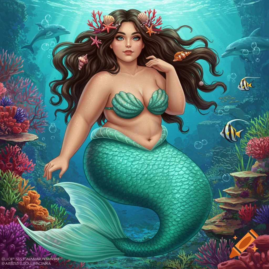 An illustration of a plus-size brunette mermaid with a seashell top and tail, surrounded by ...
