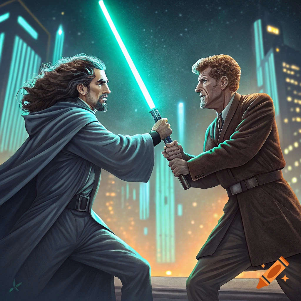 Two men duel with a bright lightsaber in a city at night. on Craiyon