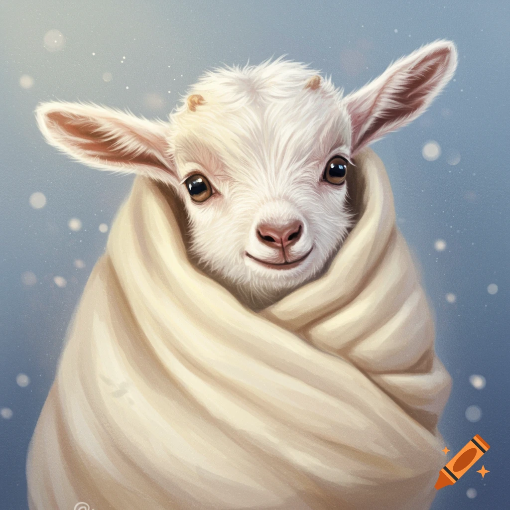 Illustration of a fluffy white baby goat wrapped snuggly in a beige ...
