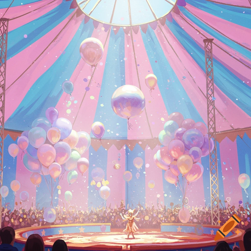 Balloons inside a circus tent, pastel colors on Craiyon