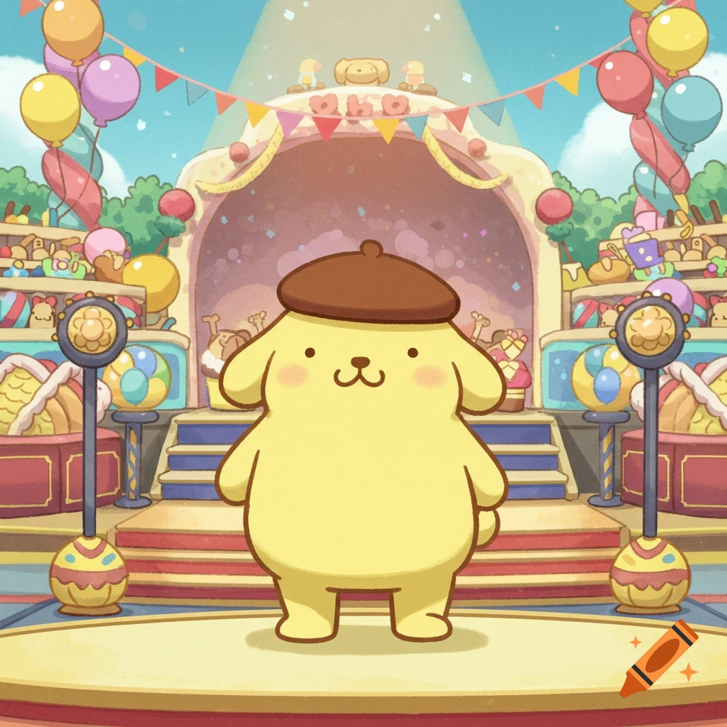 Pompompurin on stage in cartoon style on Craiyon