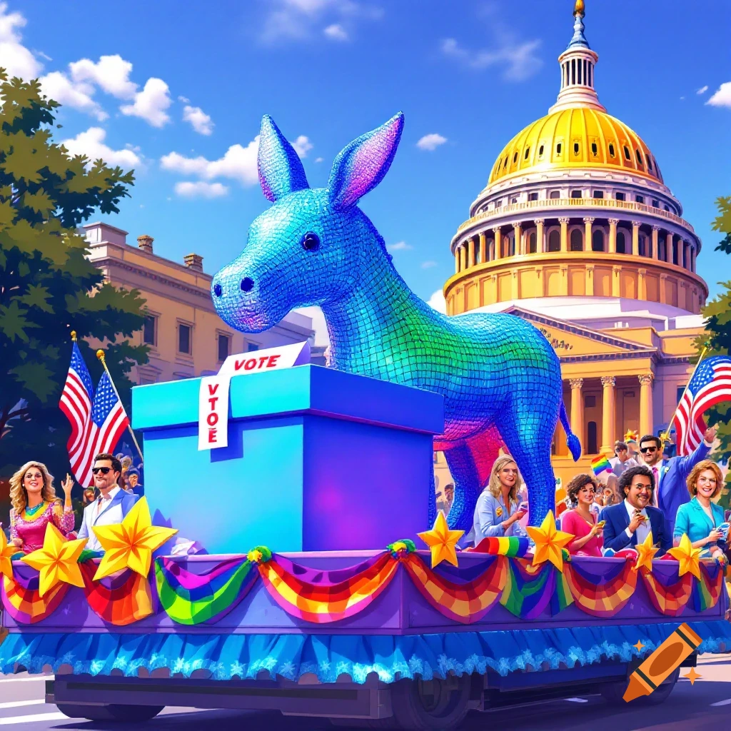 Pride parade float with rainbow ballot box, disco-ball donkey, and ...