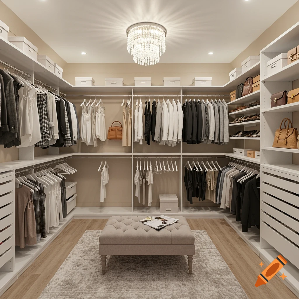 Well-organized walk-in closet with color-coordinated clothing, shoes ...