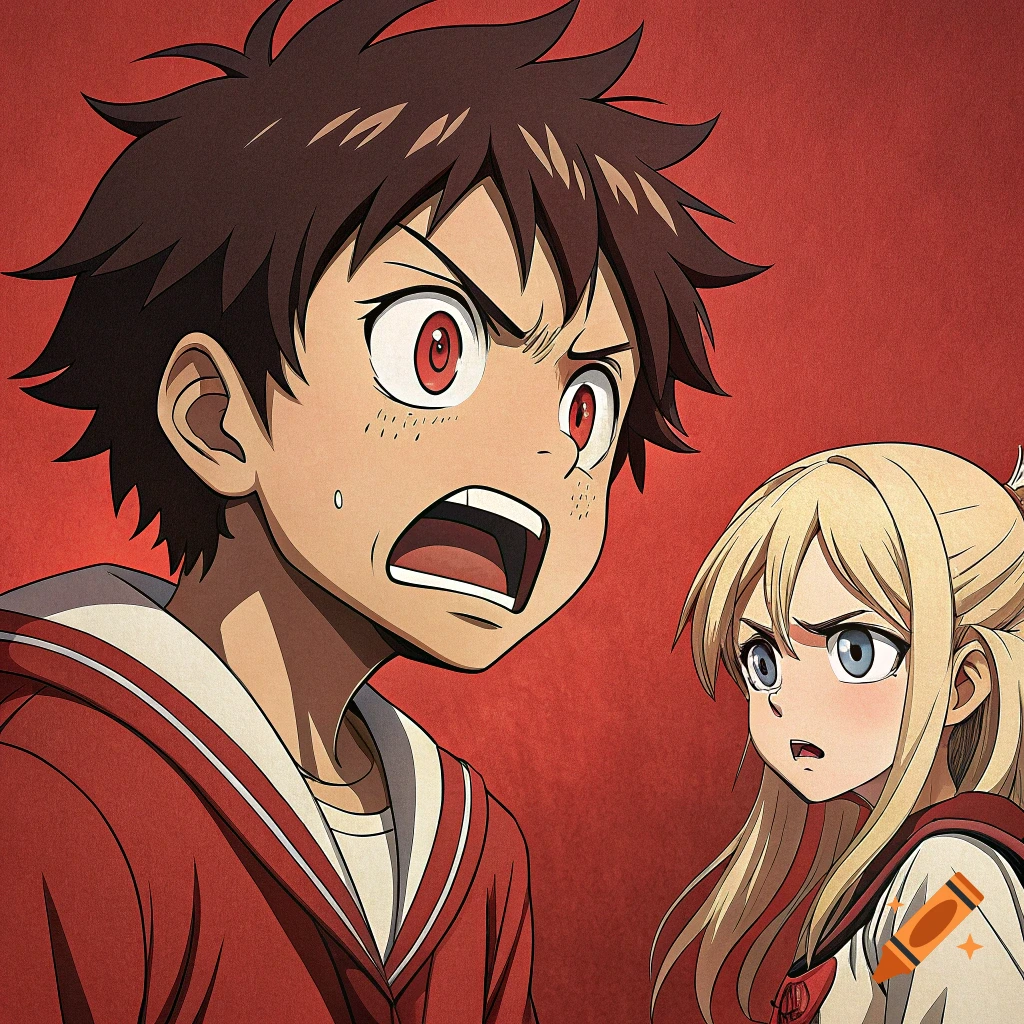 Anime boy mad at blonde anime girl with red background on Craiyon