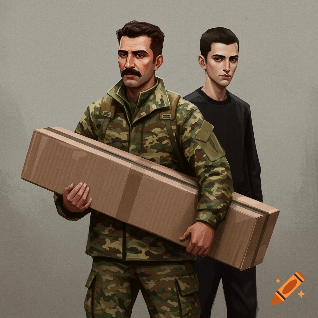 Man with mustache in camo carrying long cardboard box with younger man ...