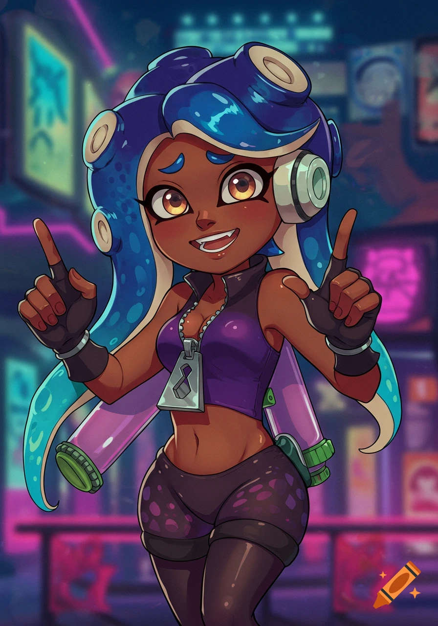Anime style illustration of Marina from Splatoon pointing in a neon-lit ...