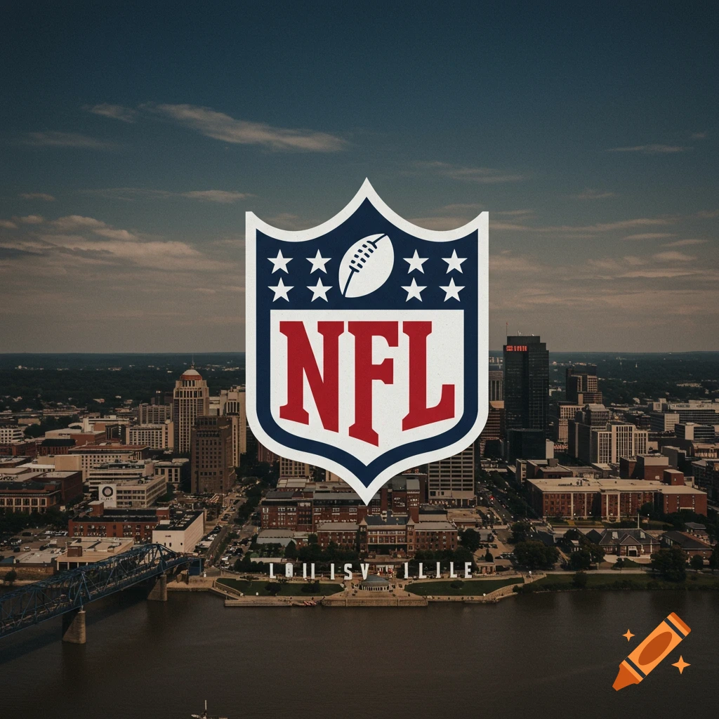 NFL logo shield superimposed over a photorealistic aerial view of a ...