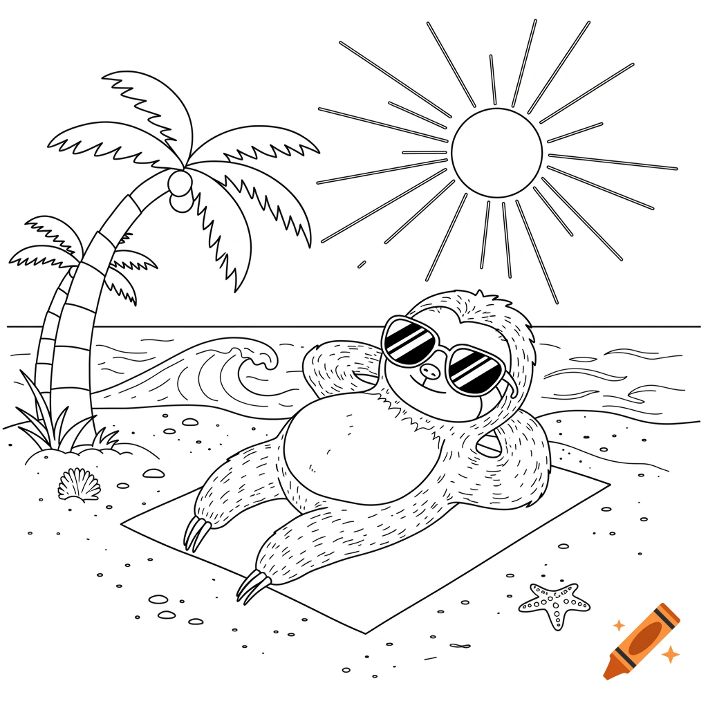 Black and white coloring page of a sloth wearing sunglasses and ...