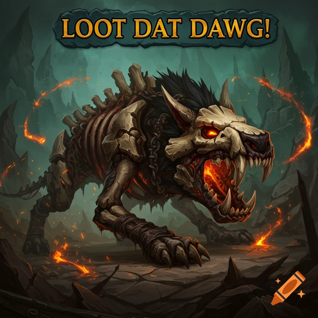 Dead Corehound with "LOOT DAT DAWG!" text on Craiyon