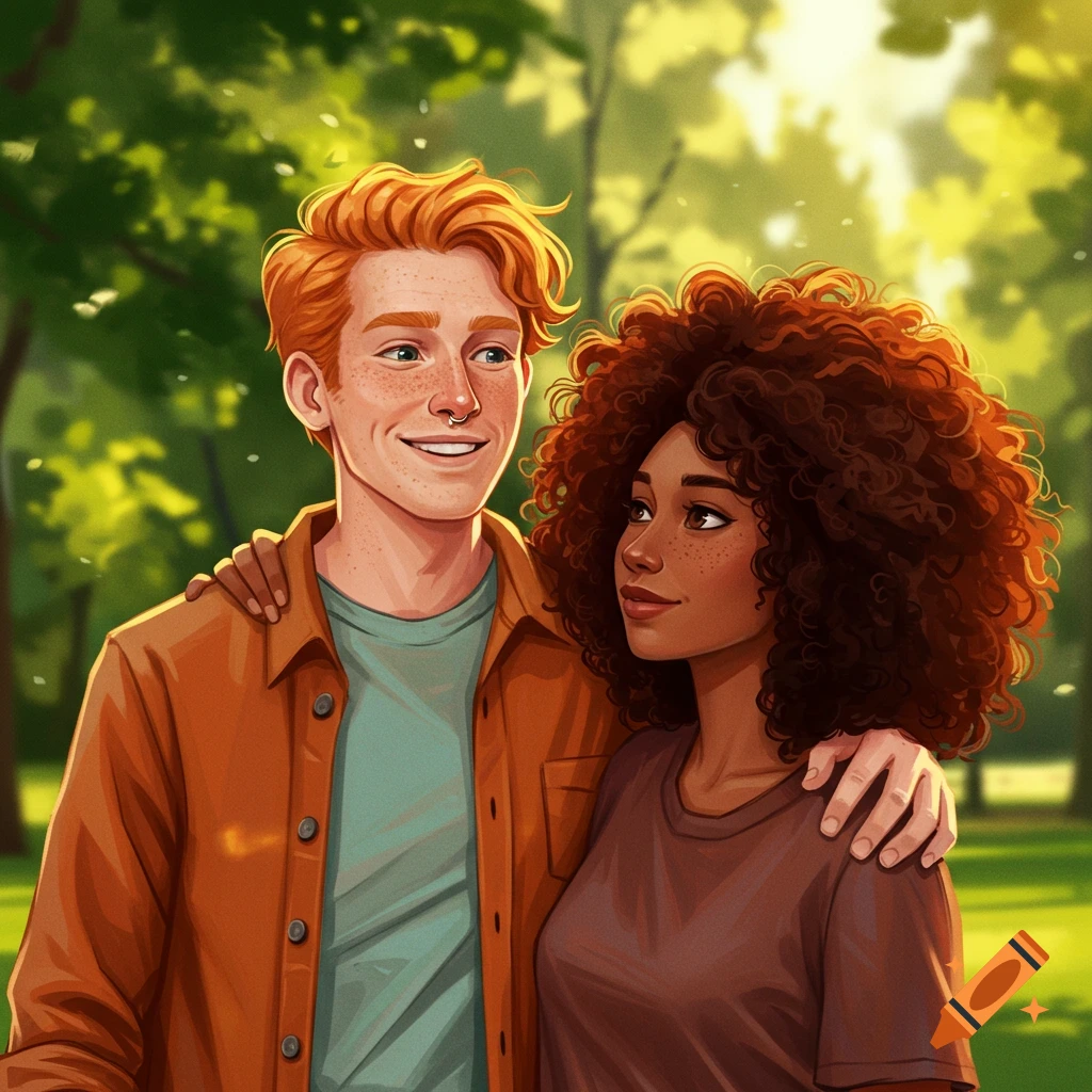Illustration of a ginger man with his arm around a woman in a park. on ...