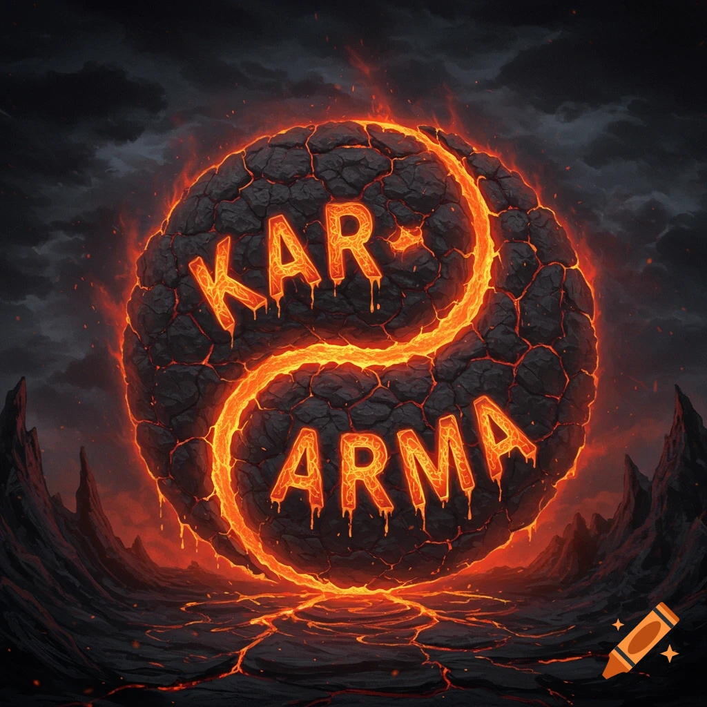 Glowing lava yin and yang symbol with the word KARMA on Craiyon