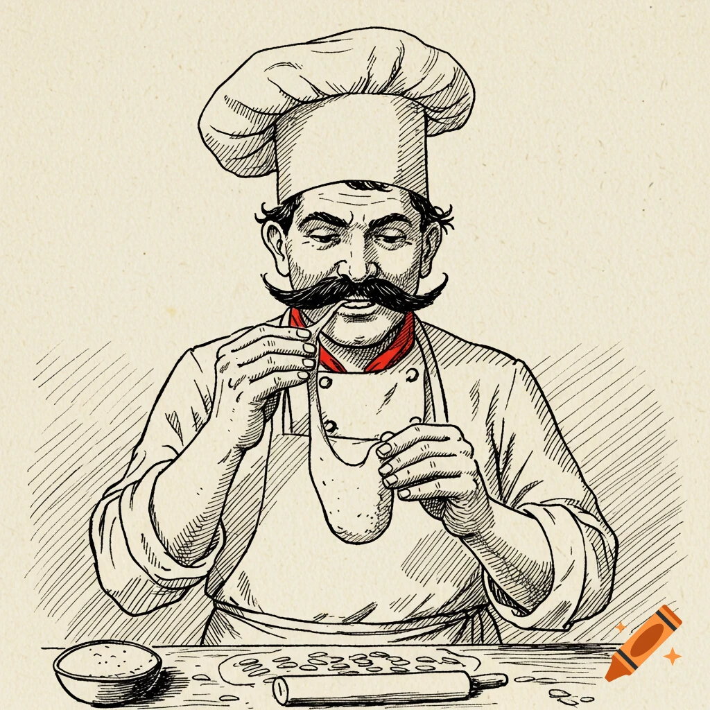 Historical style drawing of Italian chef making orzo with his teeth on ...