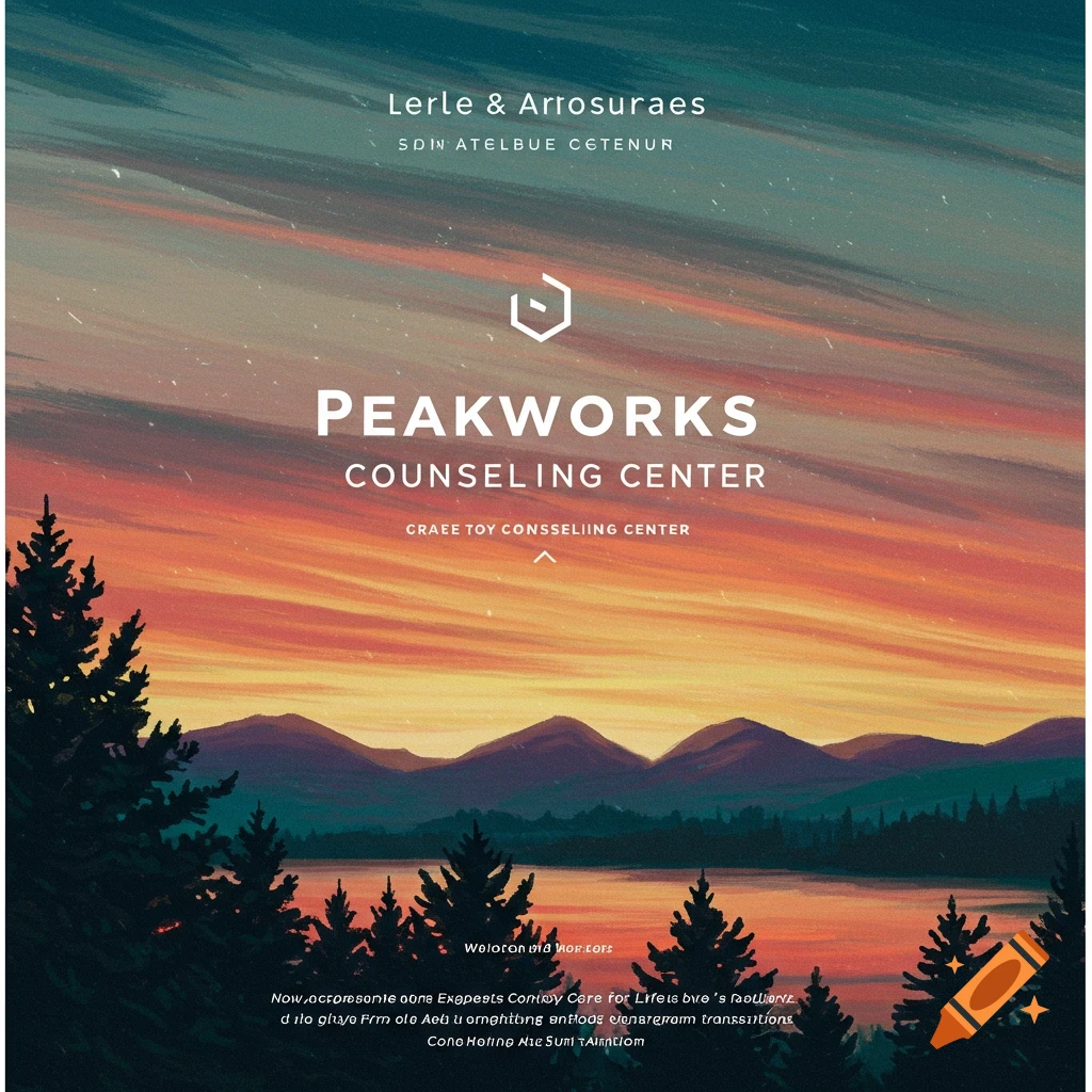 Illustrated landscape with mountains, a lake, and trees under a ...