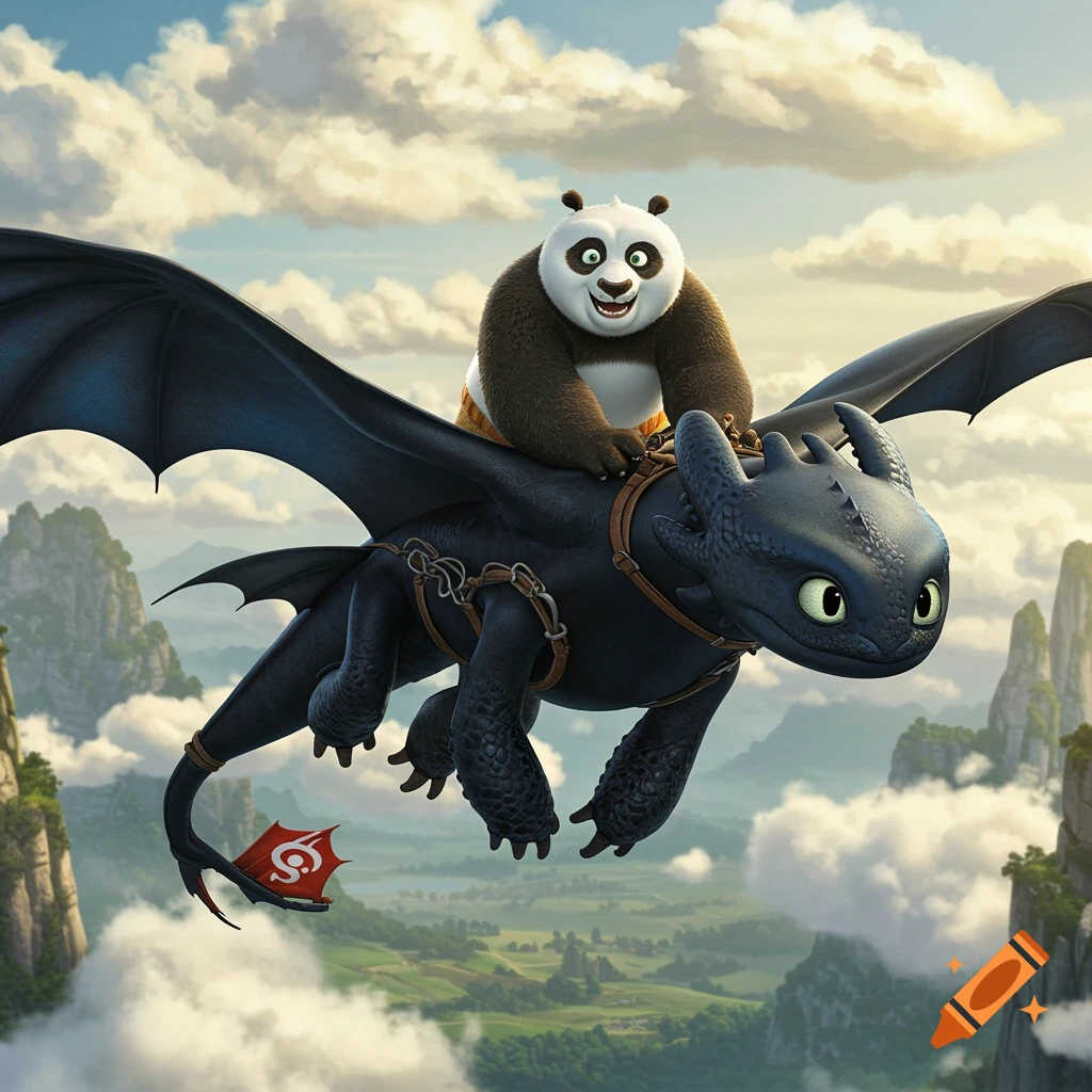 Po from Kung Fu Panda riding Toothless from How to Train Your Dragon on ...