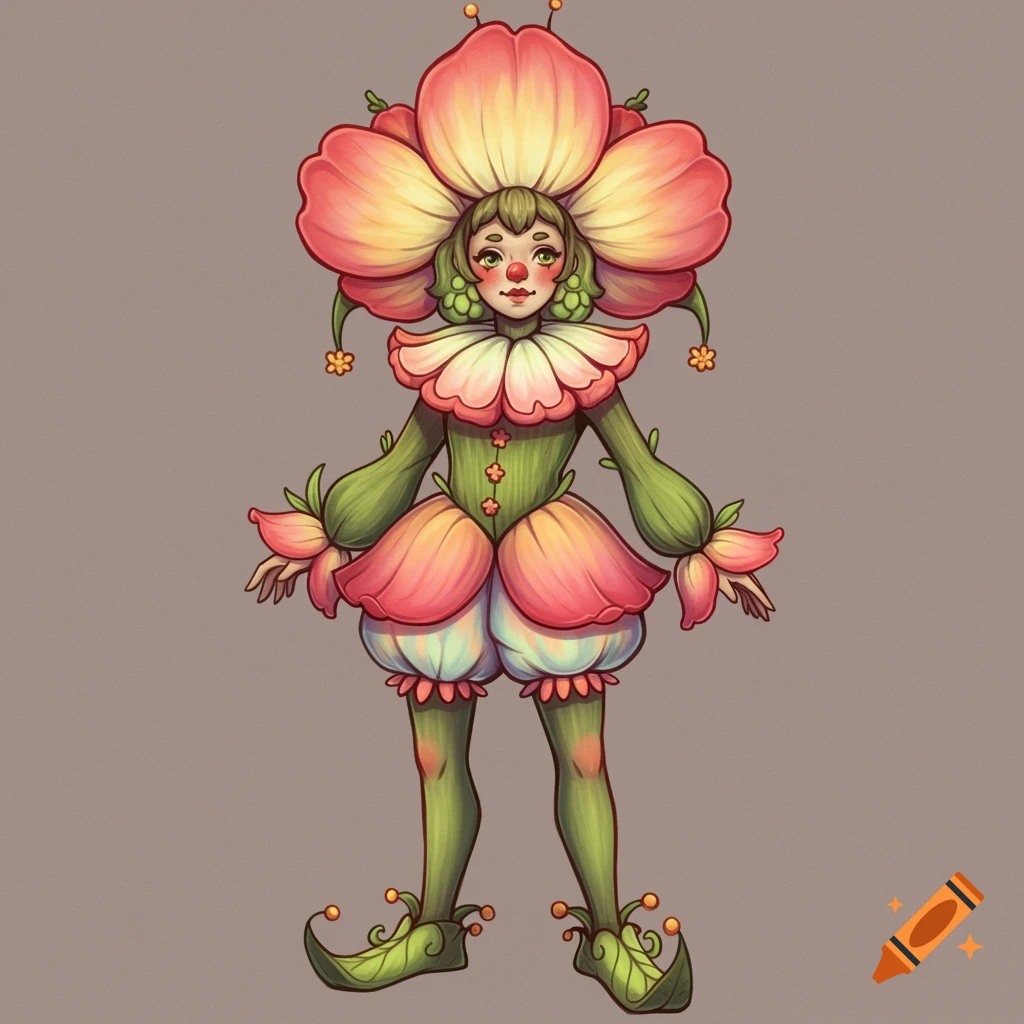 Nature-themed jester in floral outfit and flower hat on Craiyon