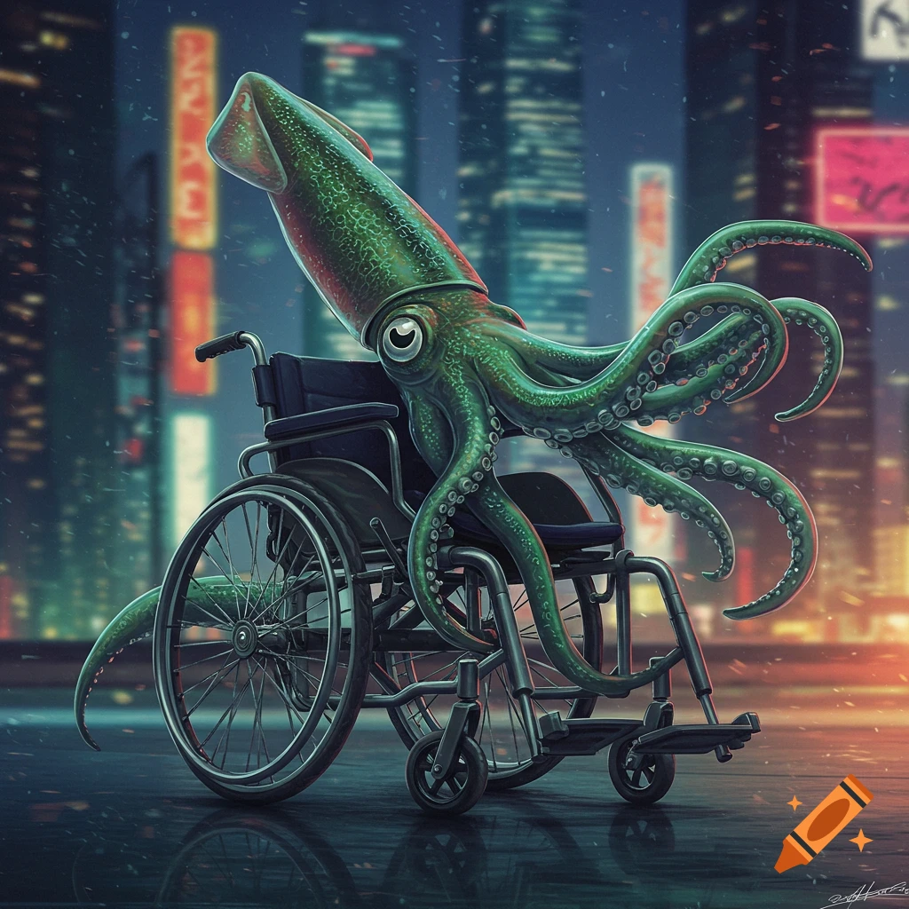 A large green squid sits in a wheelchair on a wet city street at night ...