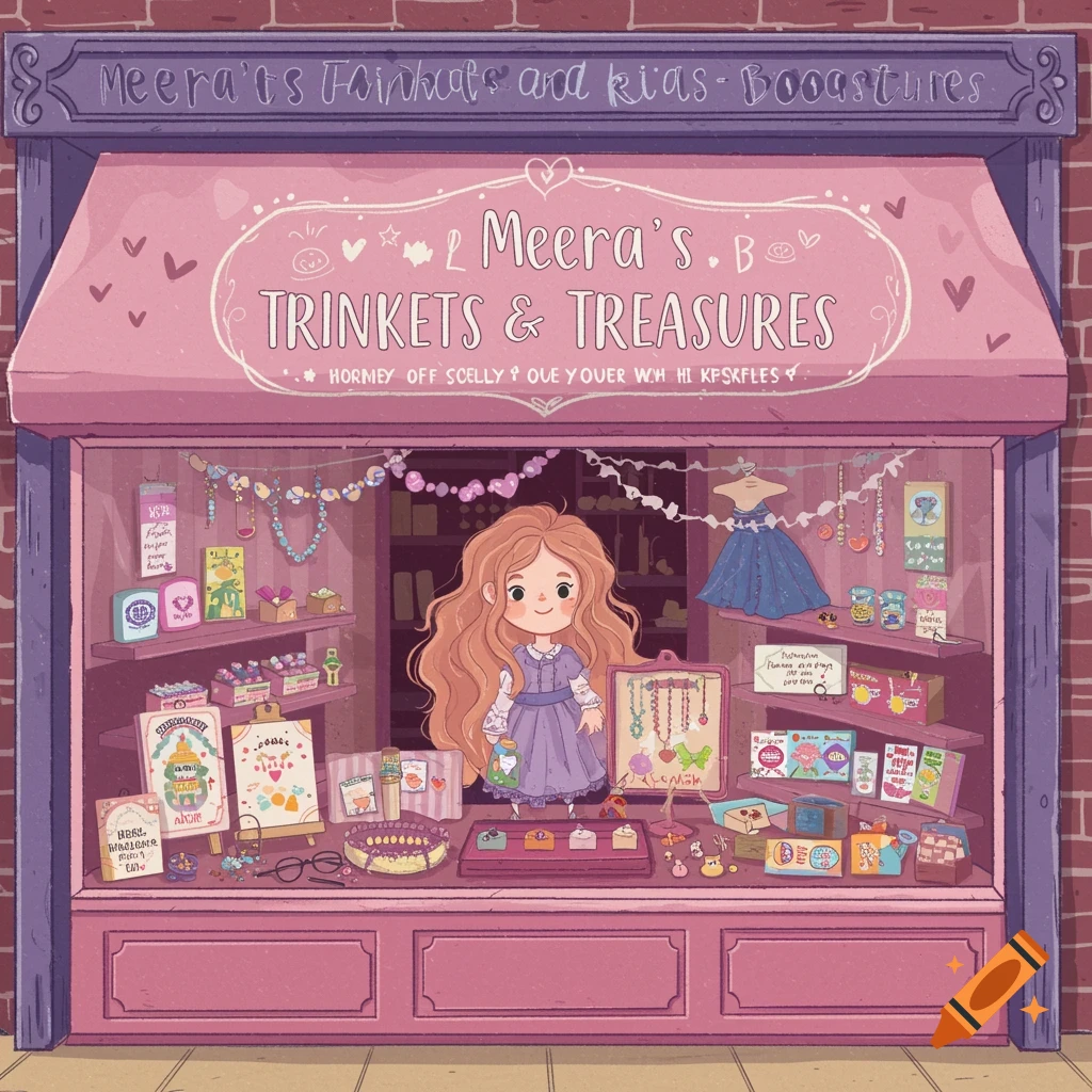 A cute, kawaii style illustration of a young girl standing inside a ...