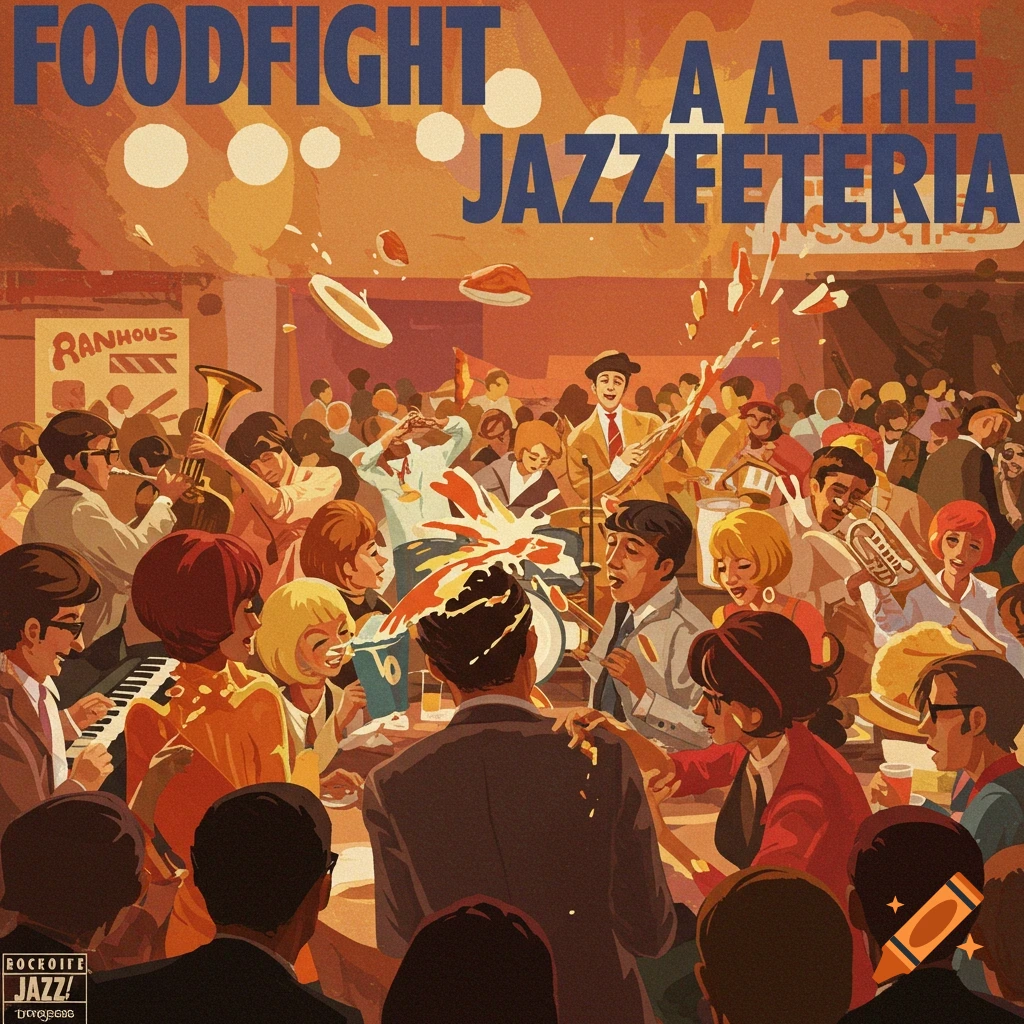 Progressive jazz album cover for Foodfight at the Jazzeteria on Craiyon