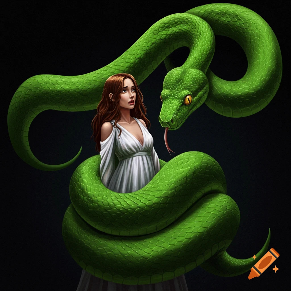 A chic animated woman in a black dress with a white python wrapped ...