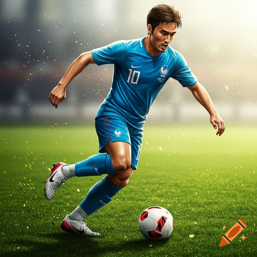 A soccer player runs on a field, engulfed in stylized fire. on Craiyon