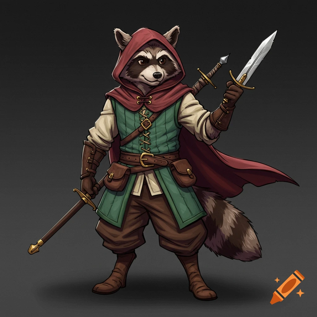 Cartoon raccoon thief in solarpunk medieval style, by Casey Fay on Craiyon