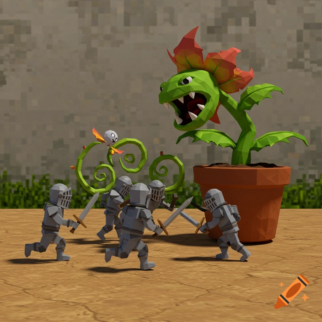 Low poly fantasy scene of knights fighting a potted plant monster on ...