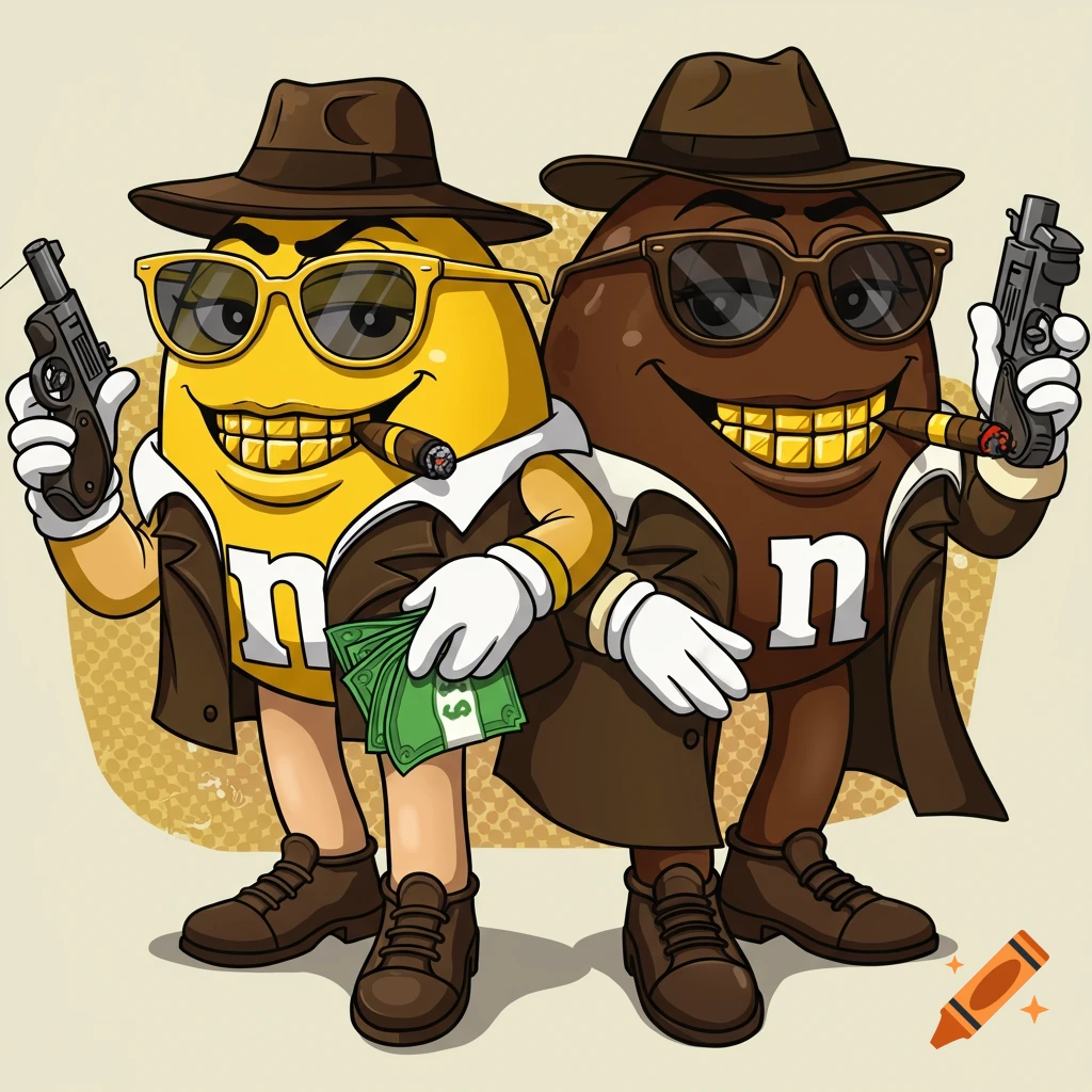 Cartoon M&M gangsters with cigars and gold grills on Craiyon