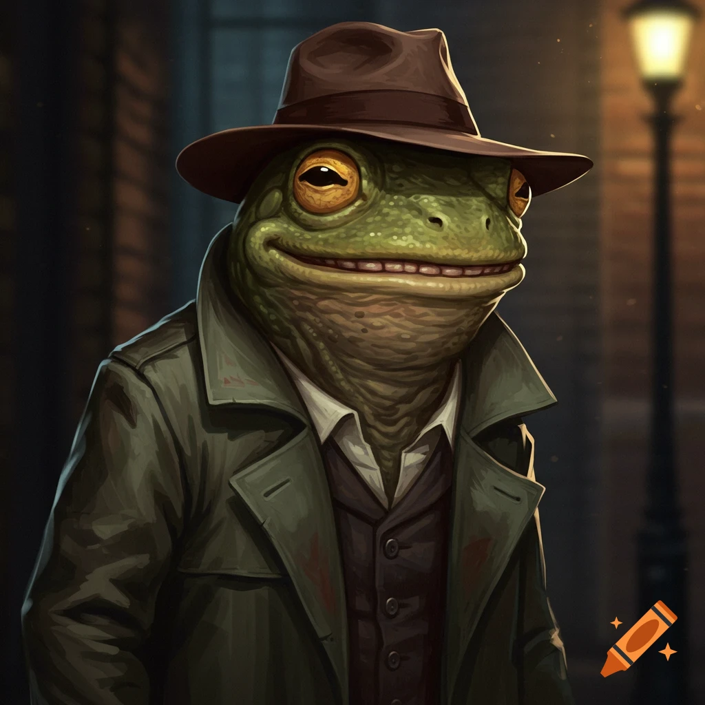 Frog man in fedora and trench coat on Craiyon
