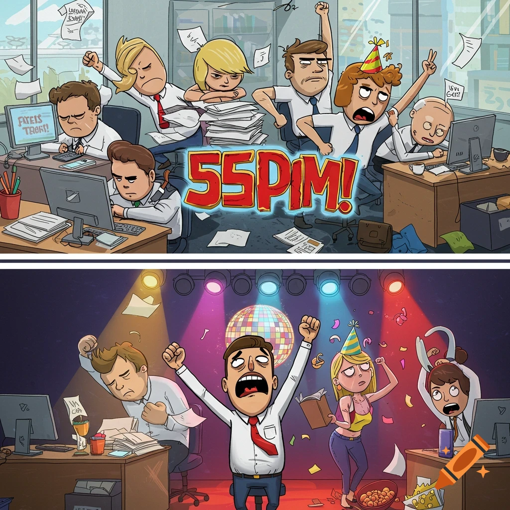 Cartoon workers celebrating Friday at 5 PM with party and disco lights ...