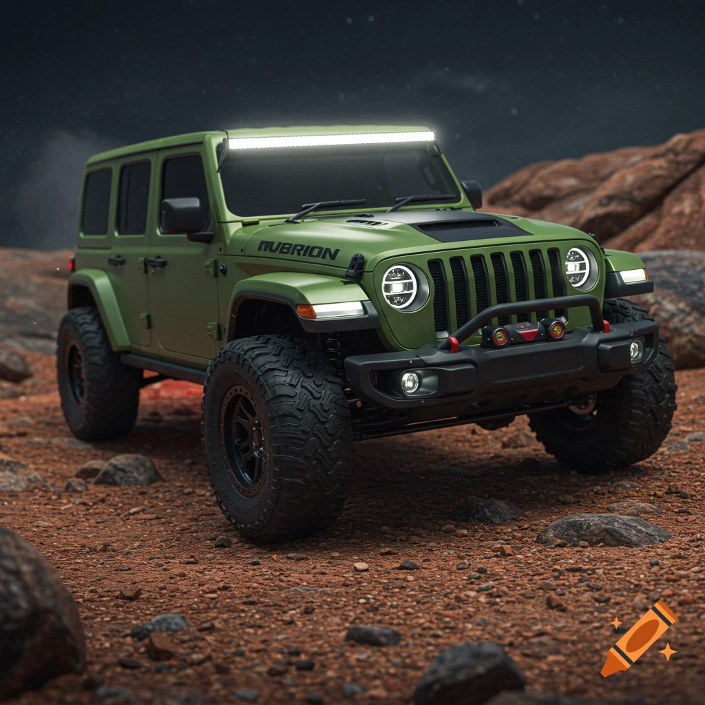 Army green Jeep Wrangler with off-road modifications on Craiyon