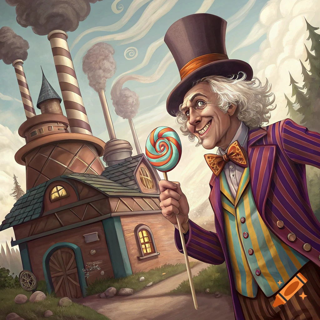 Cartoon character resembling Willy Wonka holding a lollipop in front of ...