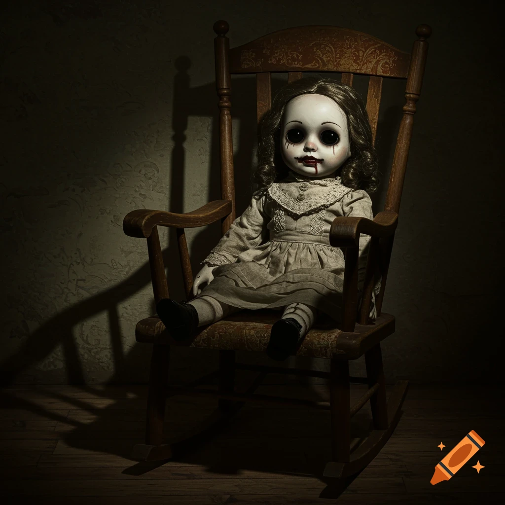 Creepy doll sitting in an old chair on Craiyon