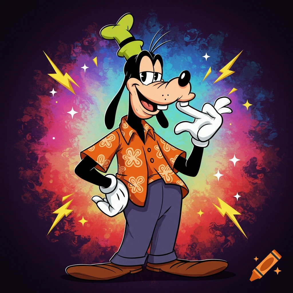 A smiling cartoon Goofy character sits in a vibrant green field under a ...